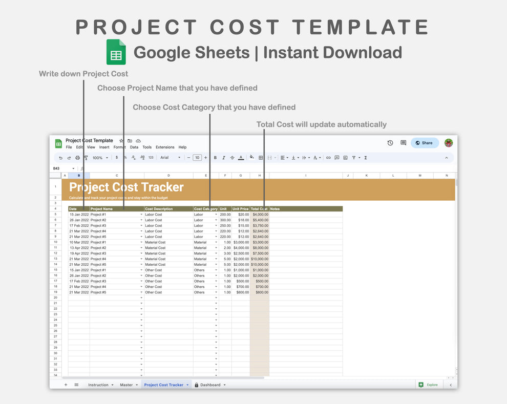 Google Sheets - Project Cost Template - Boho – kjunstudio