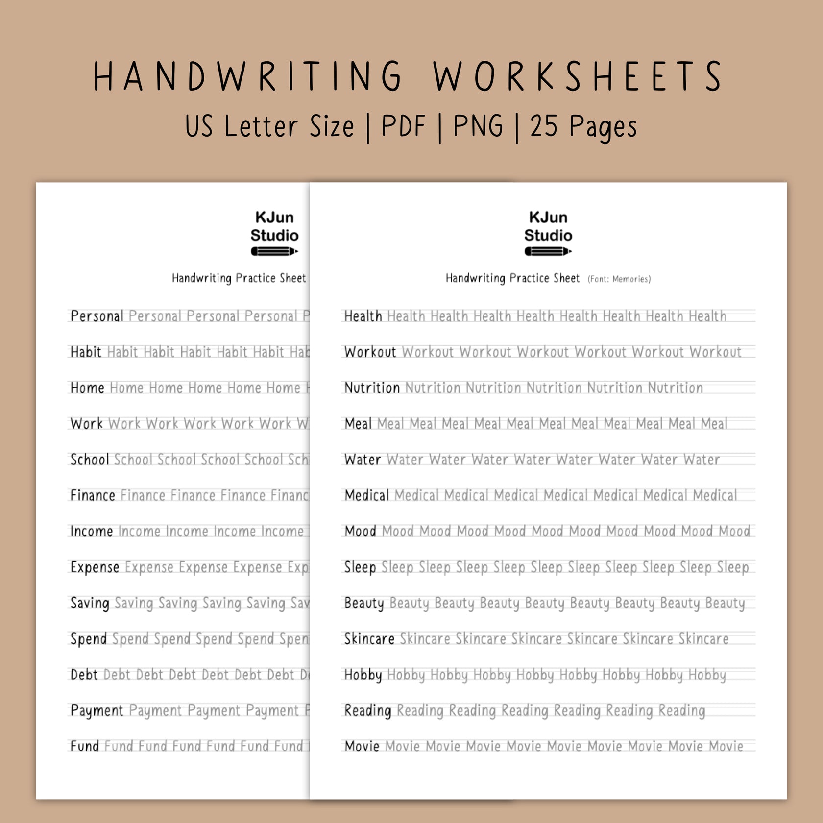 Handwriting Practice Sheets - Memories Font – kjunstudio