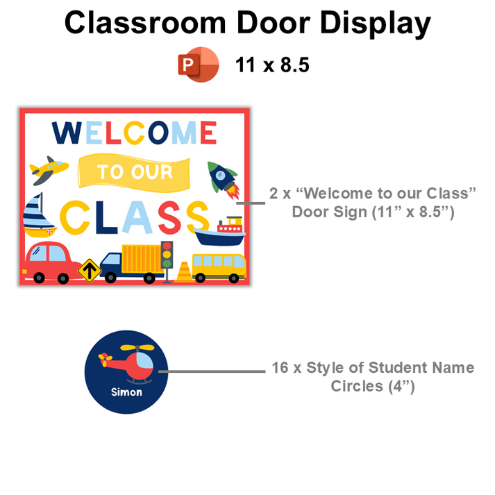 Classroom Door Display - Cute Transportation | Editable – kjunstudio