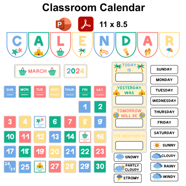 Classroom Calendar - Summer Beach | Editable – kjunstudio