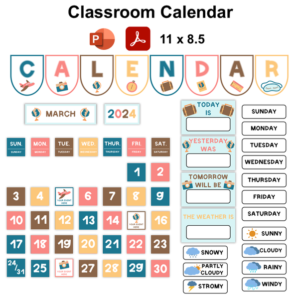 Classroom Calendar - Travel the World | Editable – kjunstudio