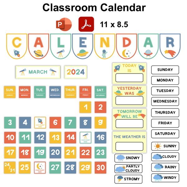 Classroom Calendar - Space | Editable – kjunstudio