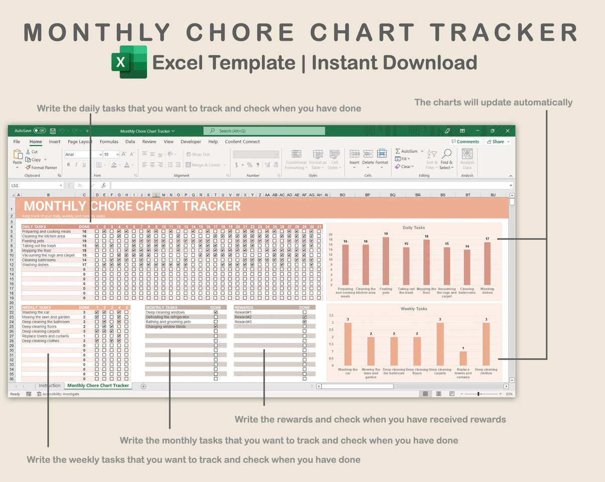Excel - Monthly Chore Chart Tracker - Neutral – kjunstudio