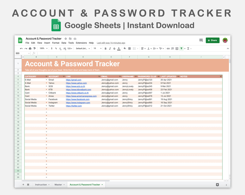 Google Sheets - Account & Password Tracker - Neutral – kjunstudio