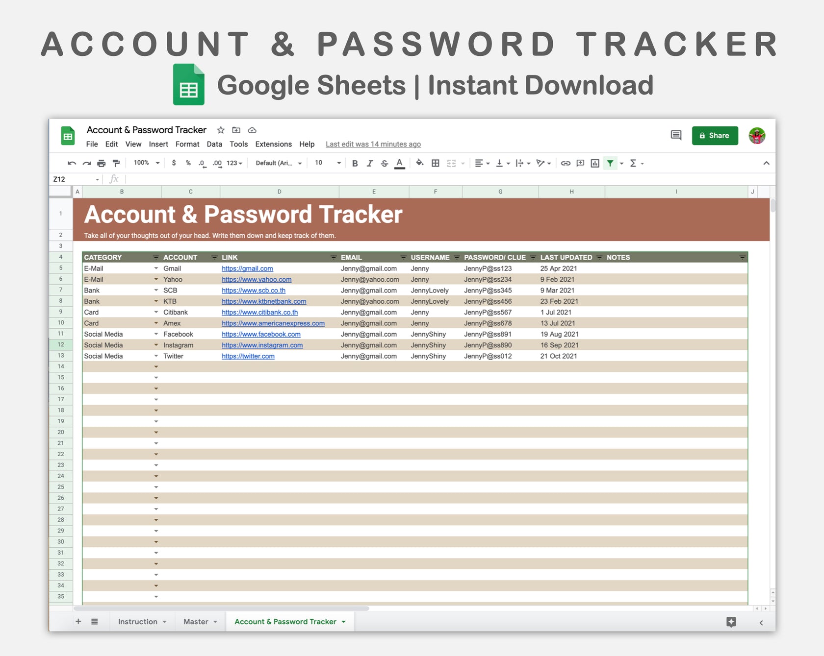 Google Sheets - Account & Password Tracker - Earthy – kjunstudio