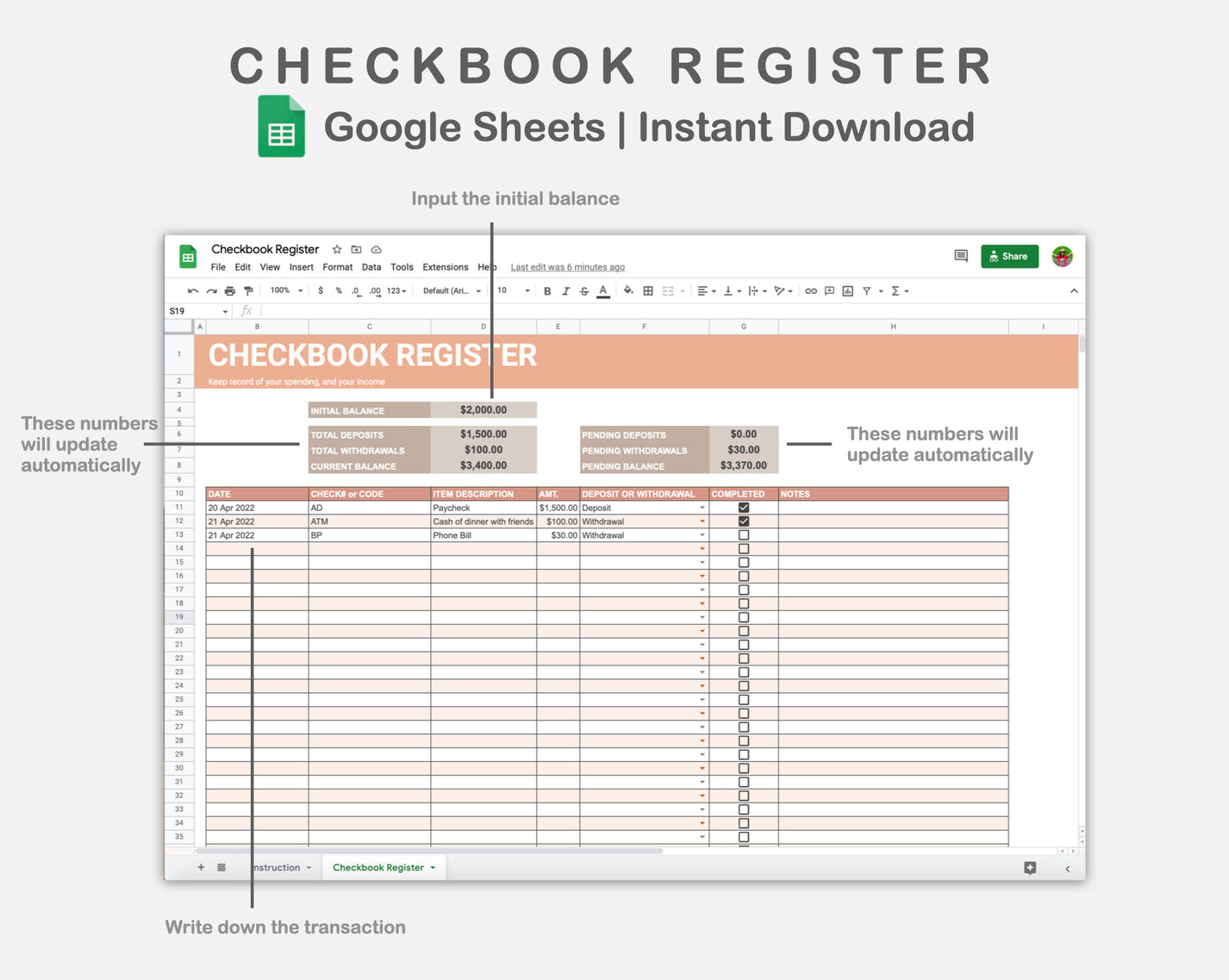 Google Sheets - Checkbook Register - Neutral – kjunstudio