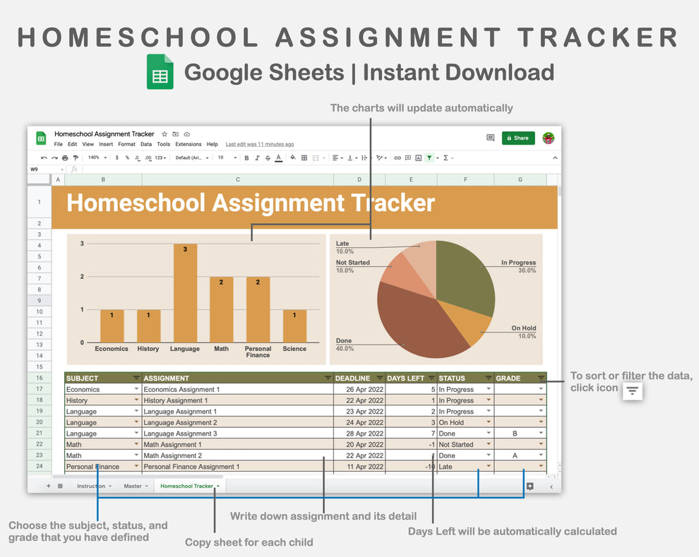 Google Sheets - Homeschool Assignment Tracker - Boho – kjunstudio
