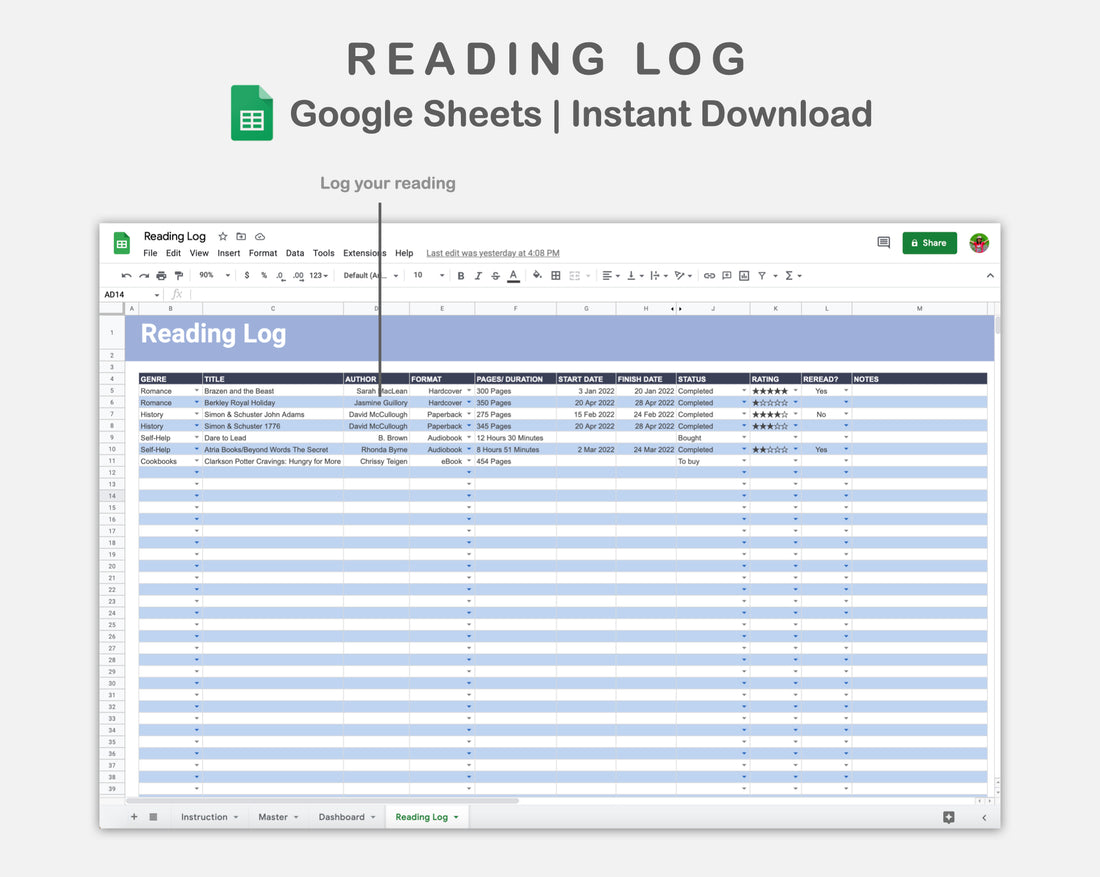 Google Sheets - Reading Log - Sweet – kjunstudio