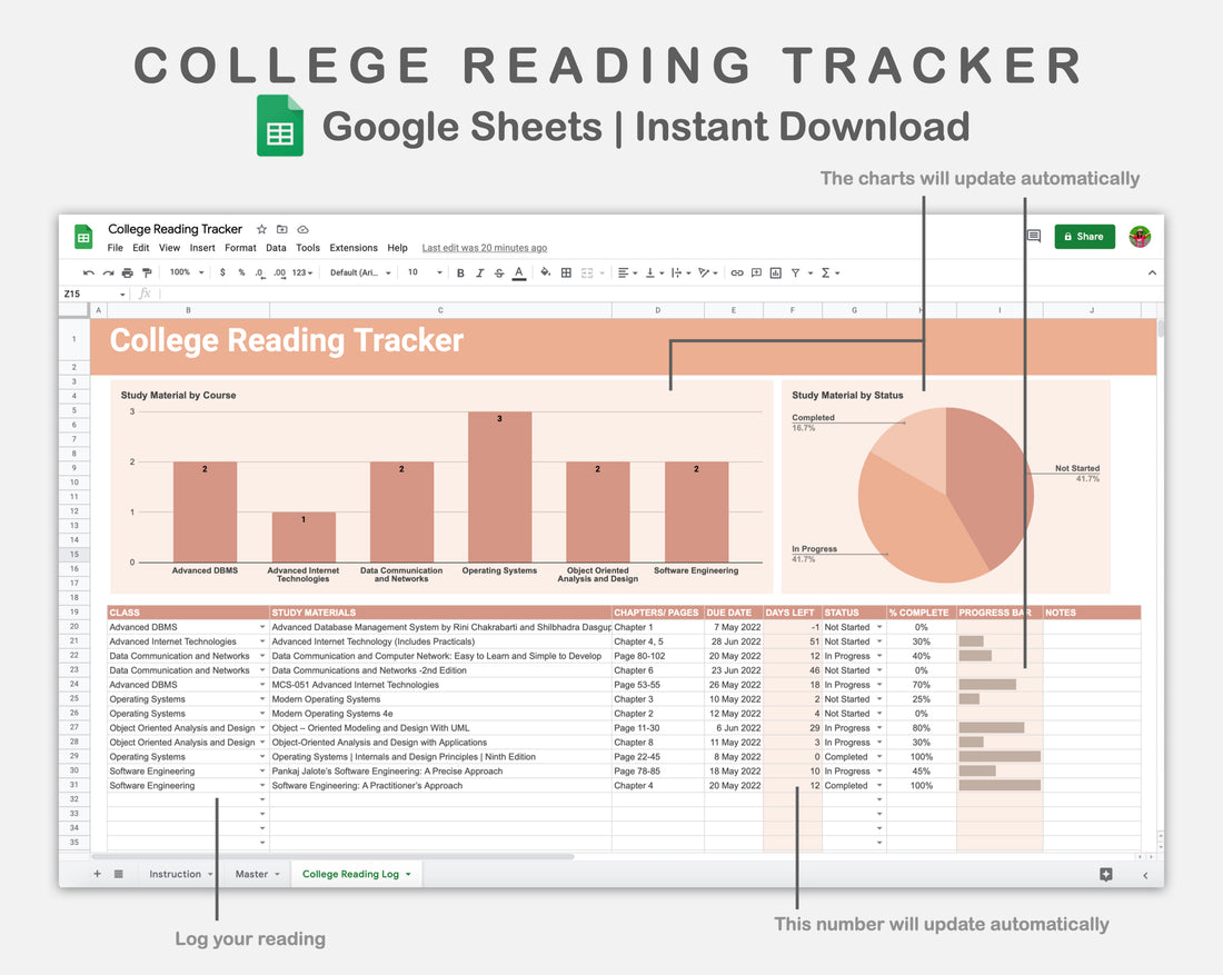 Google Sheets - College Reading Tracker - Neutral – kjunstudio
