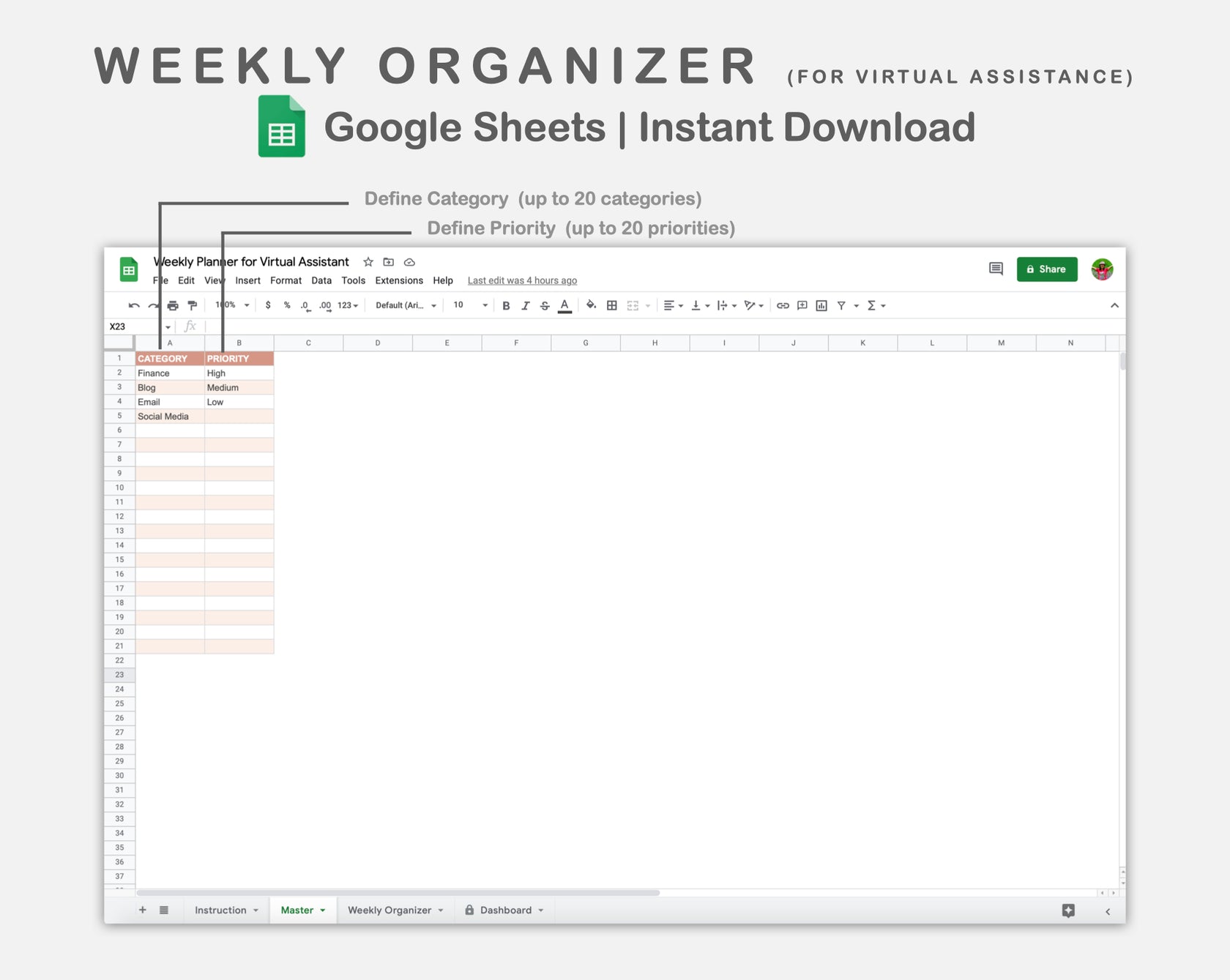 Google Sheets - Weekly Organizer for Virtual Assistant Business - Neut ...