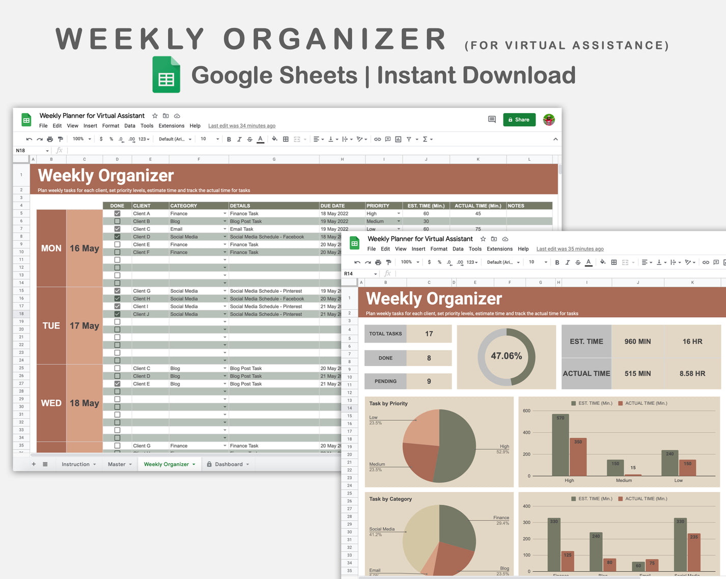 Google Sheets - Weekly Organizer for Virtual Assistant Business - Eart ...