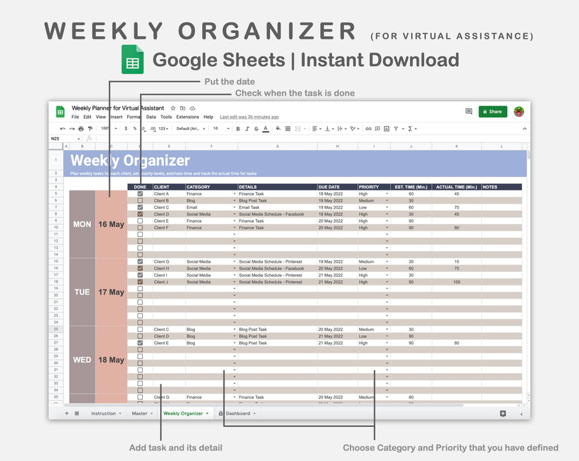 Google Sheets - Weekly Organizer for Virtual Assistant Business - Swee ...