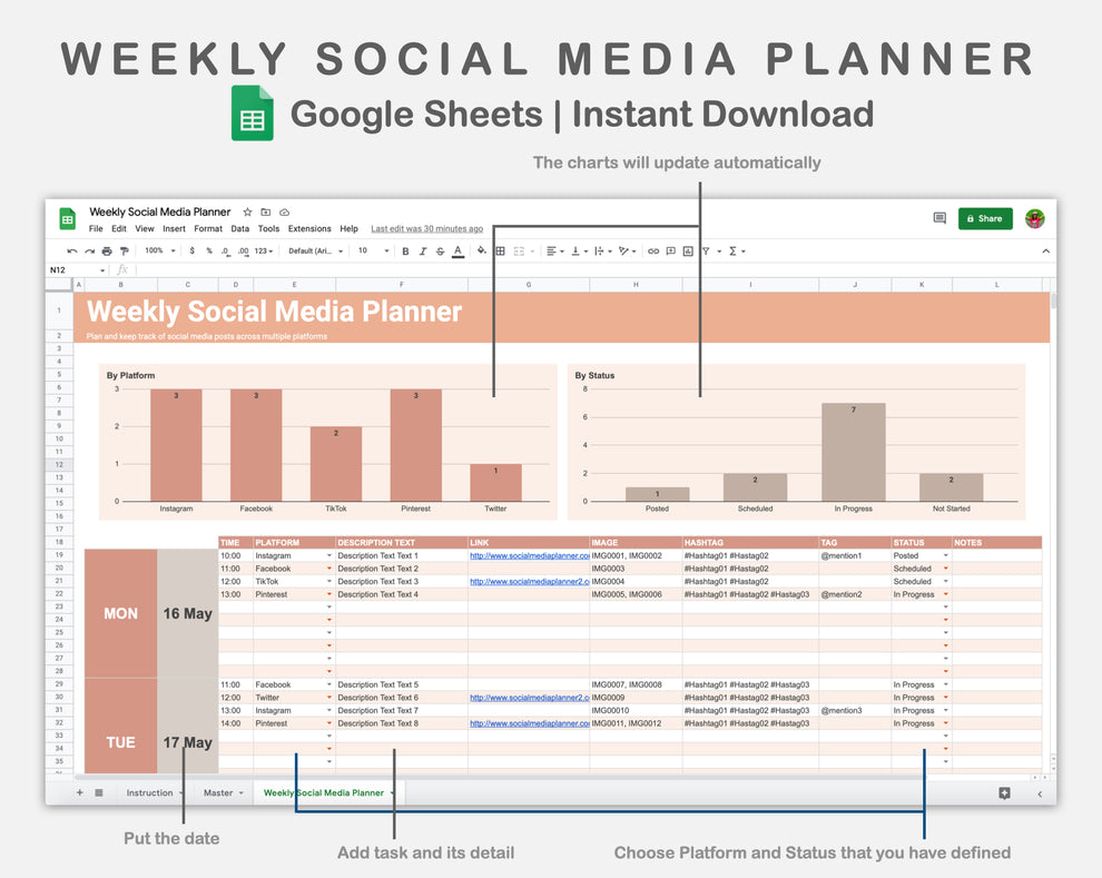 Google Sheets - Weekly Social Media Planner - Neutral – kjunstudio