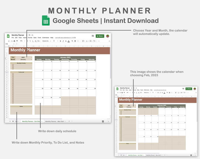 Google Sheets - Monthly Planner - Earthy – kjunstudio