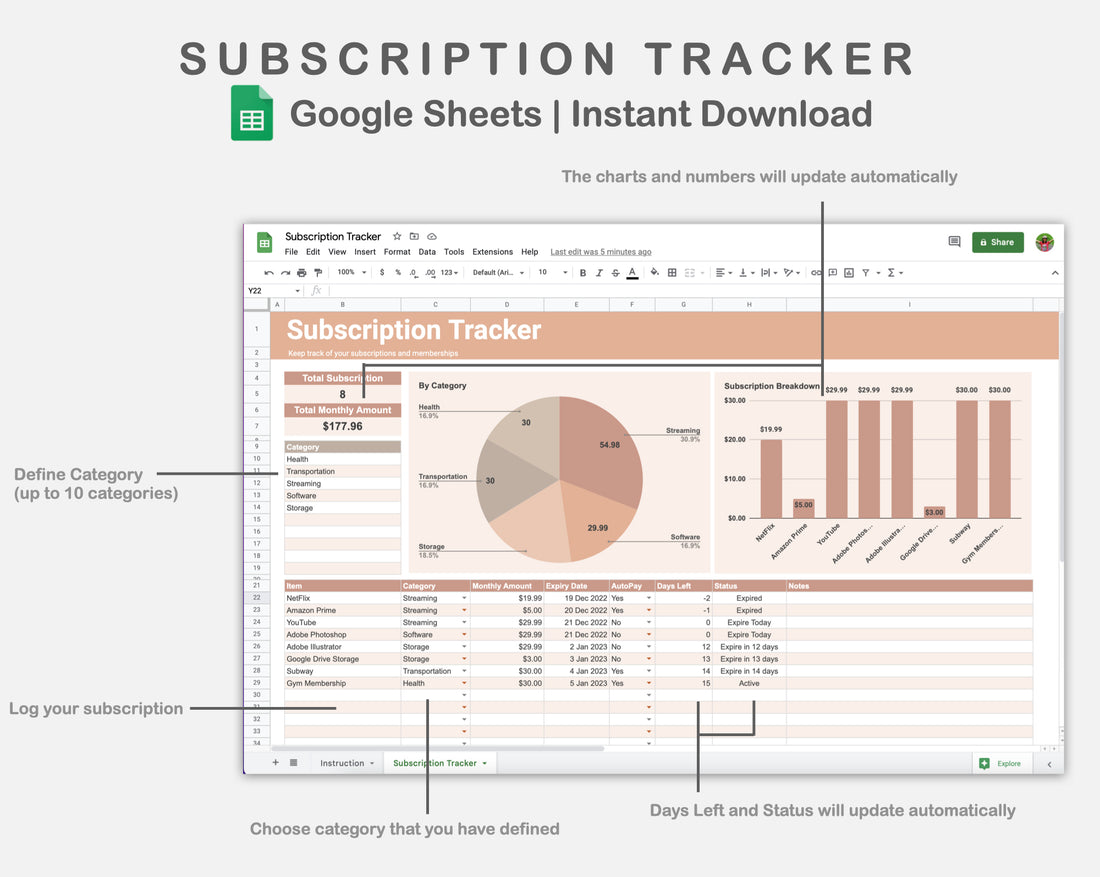 Google Sheets - Subscription Tracker - Neutral – kjunstudio