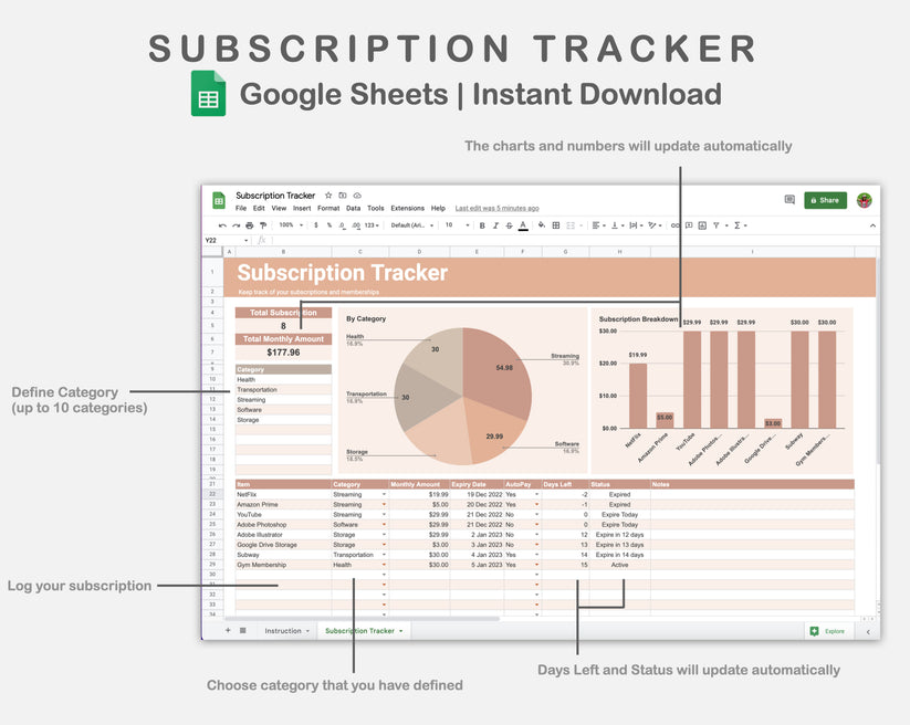 Google Sheets - Subscription Tracker - Neutral – kjunstudio