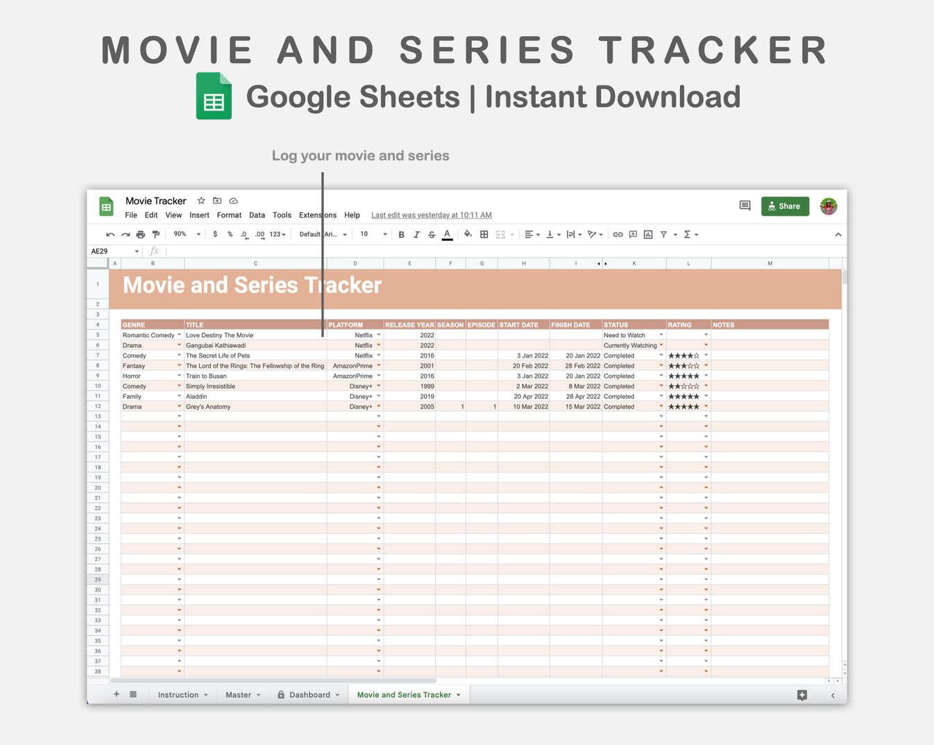Google Sheets - Movie and Series Tracker - Neutral – kjunstudio