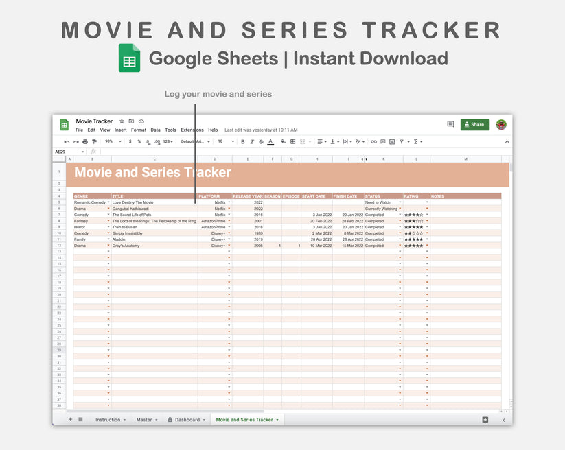 Google Sheets - Movie and Series Tracker - Neutral – kjunstudio