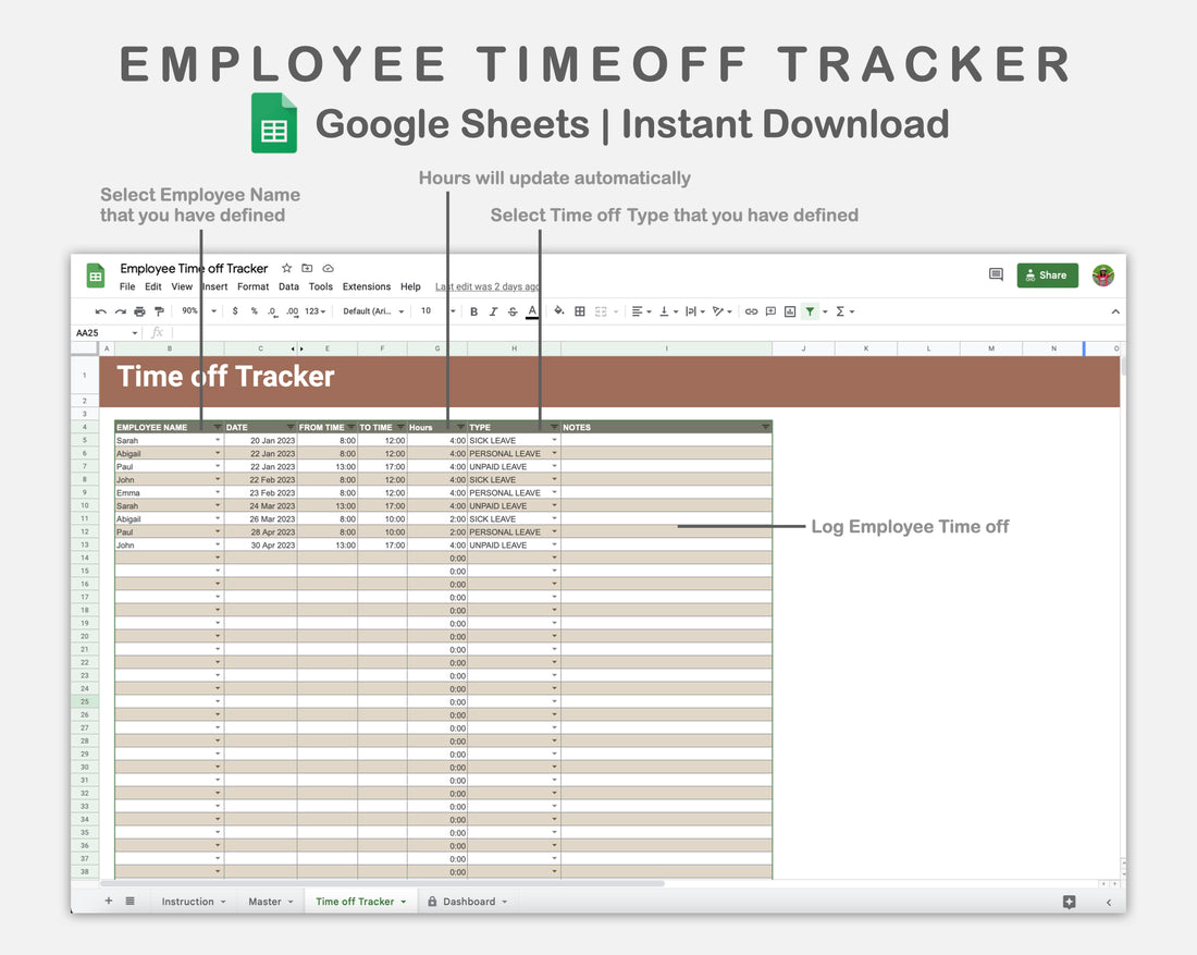 Google Sheets - Employee Time off Tracker - Earthy – kjunstudio