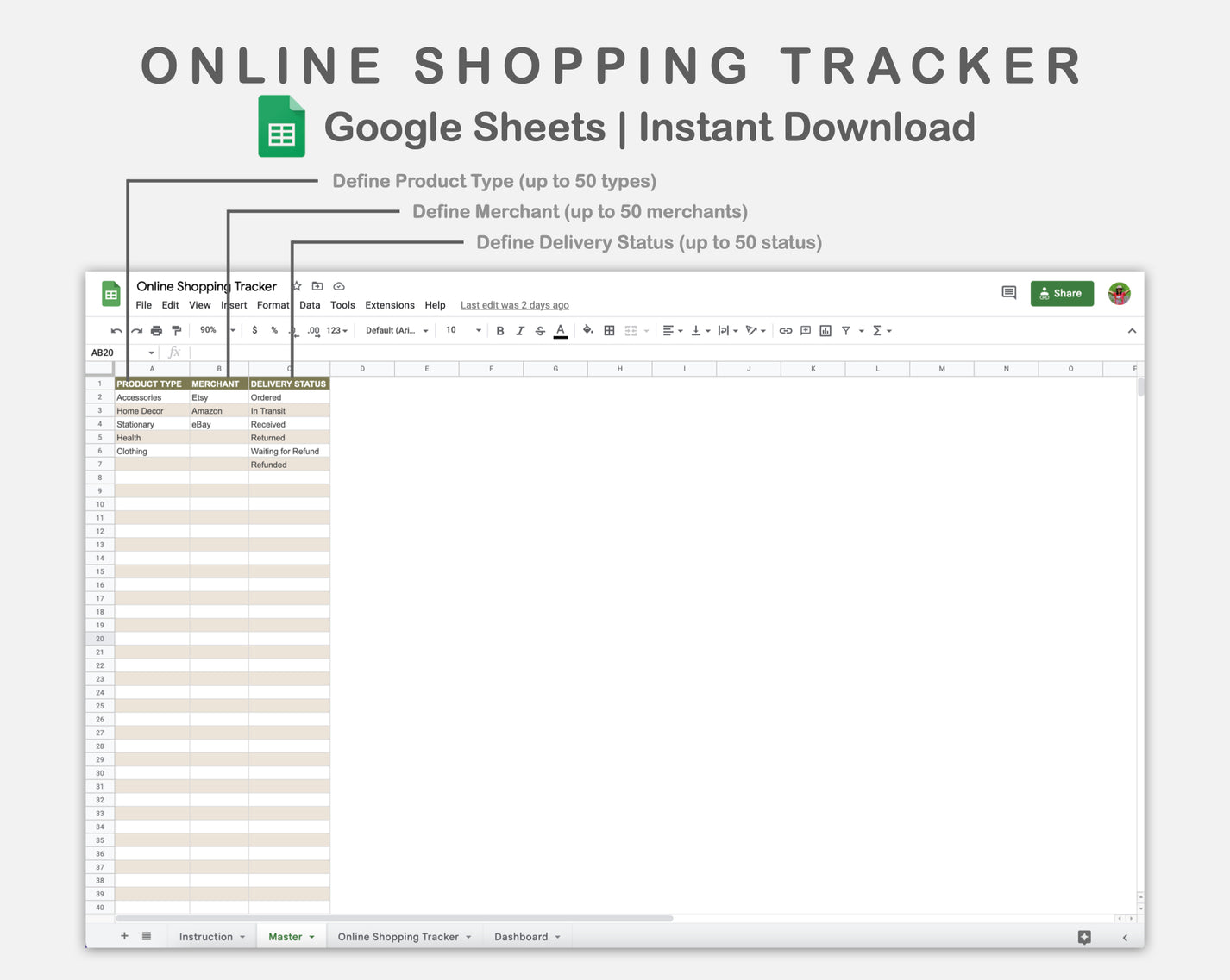 Google Sheets - Online Shopping Tracker - Boho – kjunstudio