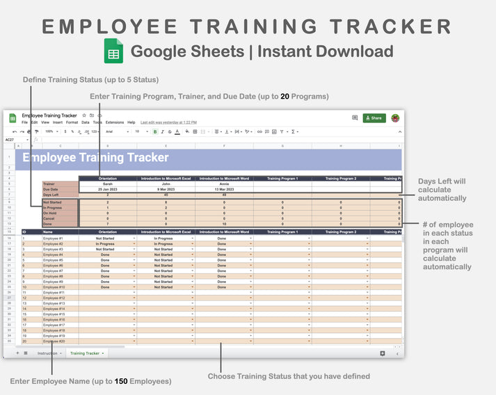 Google Sheets - Employee Training Tracker - Sweet – kjunstudio