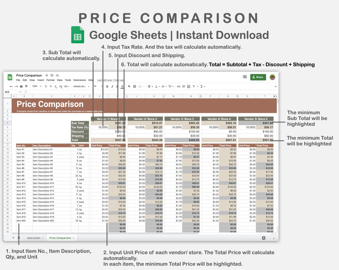 Google Sheets - Price Comparison - Earthy – kjunstudio