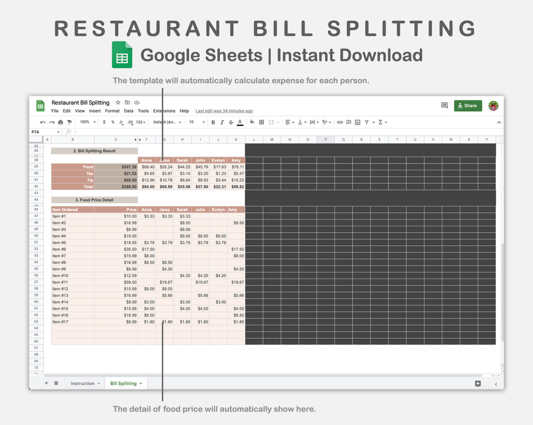 Google Sheets - Restaurant Bill Splitting - Neutral – kjunstudio