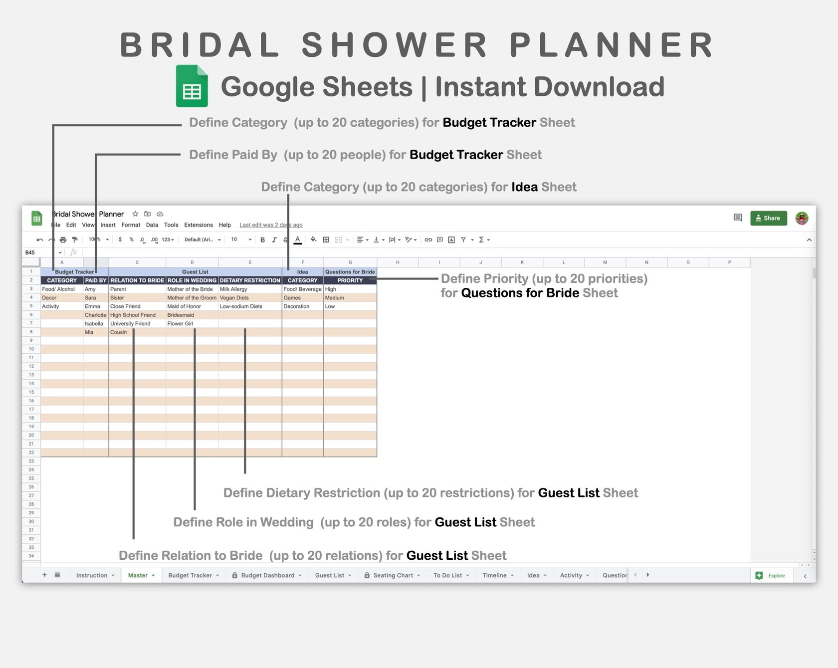 Google Sheets - Bridal Shower Planner - Sweet – kjunstudio