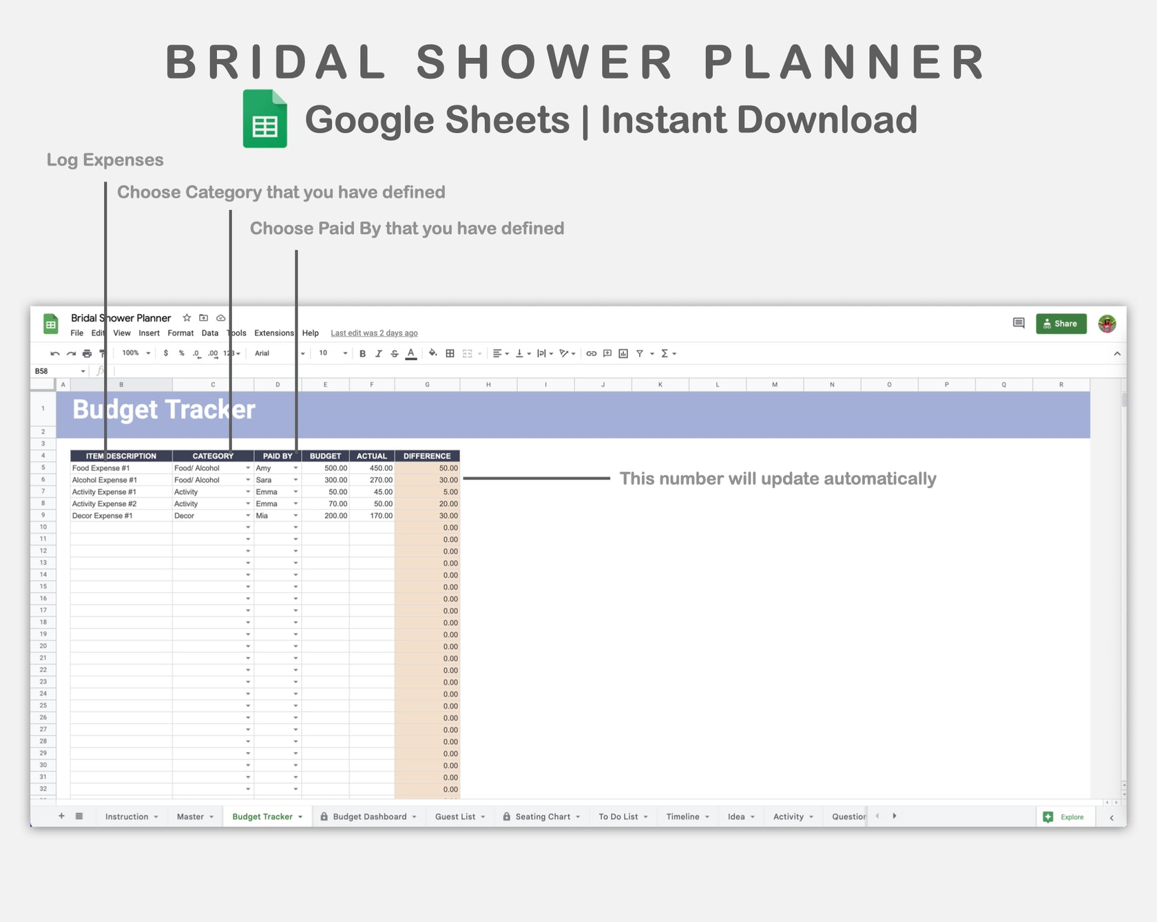 Google Sheets - Bridal Shower Planner - Sweet – kjunstudio