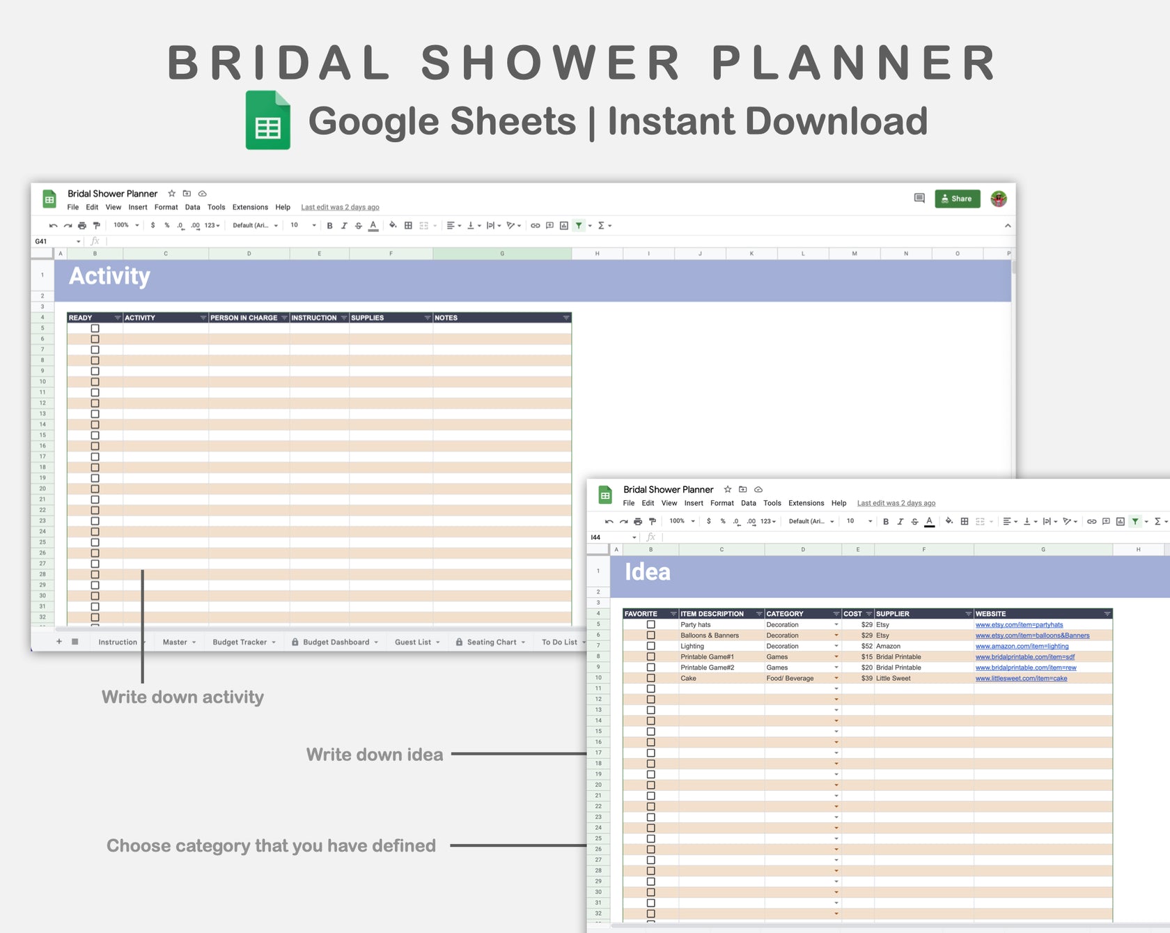 Google Sheets - Bridal Shower Planner - Sweet – kjunstudio