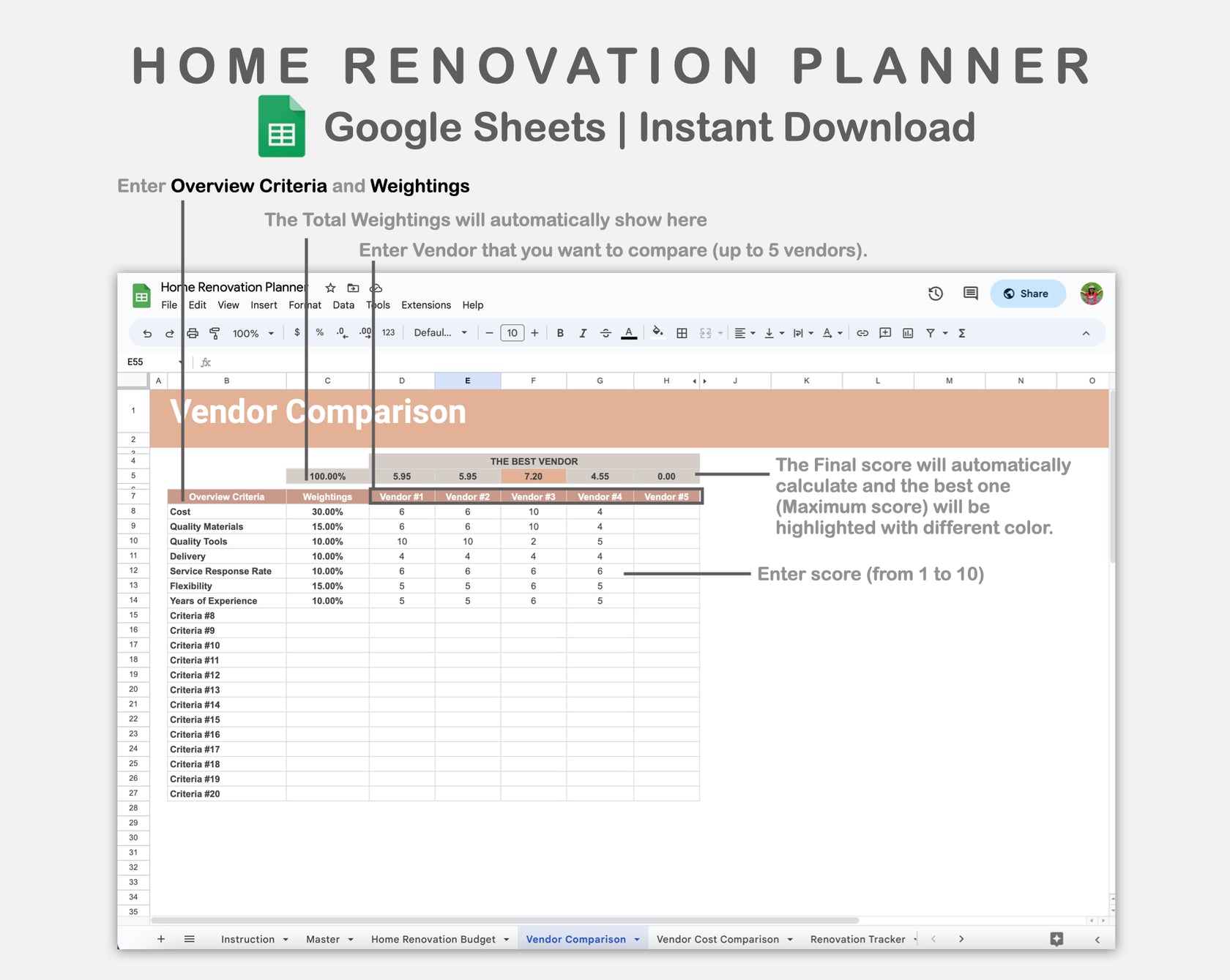 Google Sheets - Home Renovation Planner - Neutral – kjunstudio