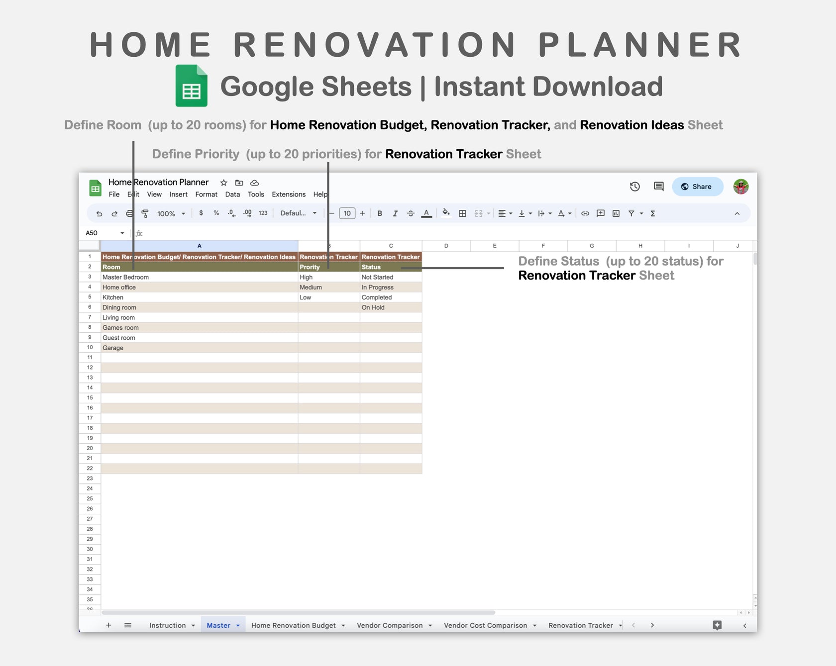 Google Sheets - Home Renovation Planner - Boho – kjunstudio