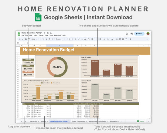 Google Sheets - Home Renovation Planner - Boho – kjunstudio