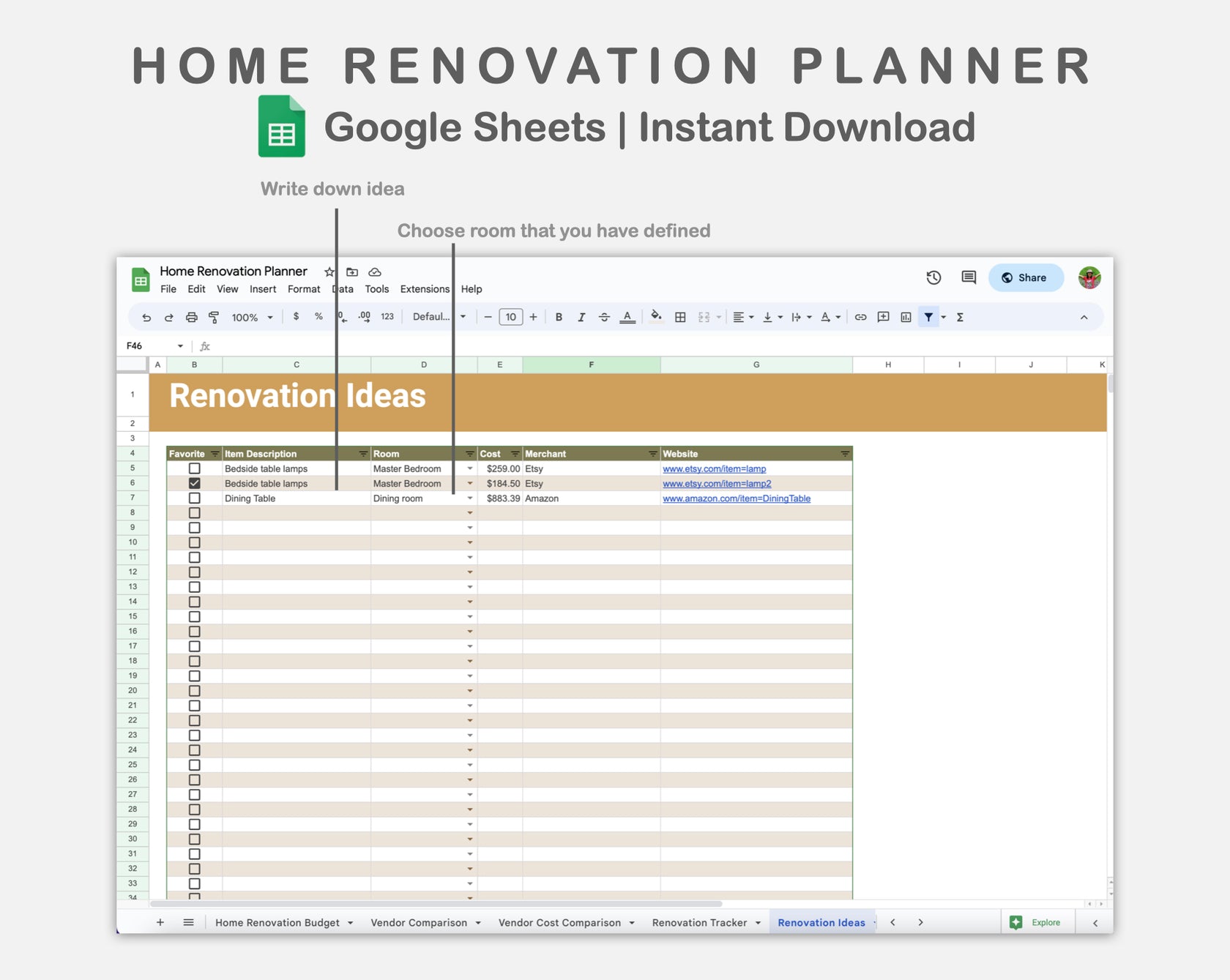 Google Sheets - Home Renovation Planner - Boho – kjunstudio