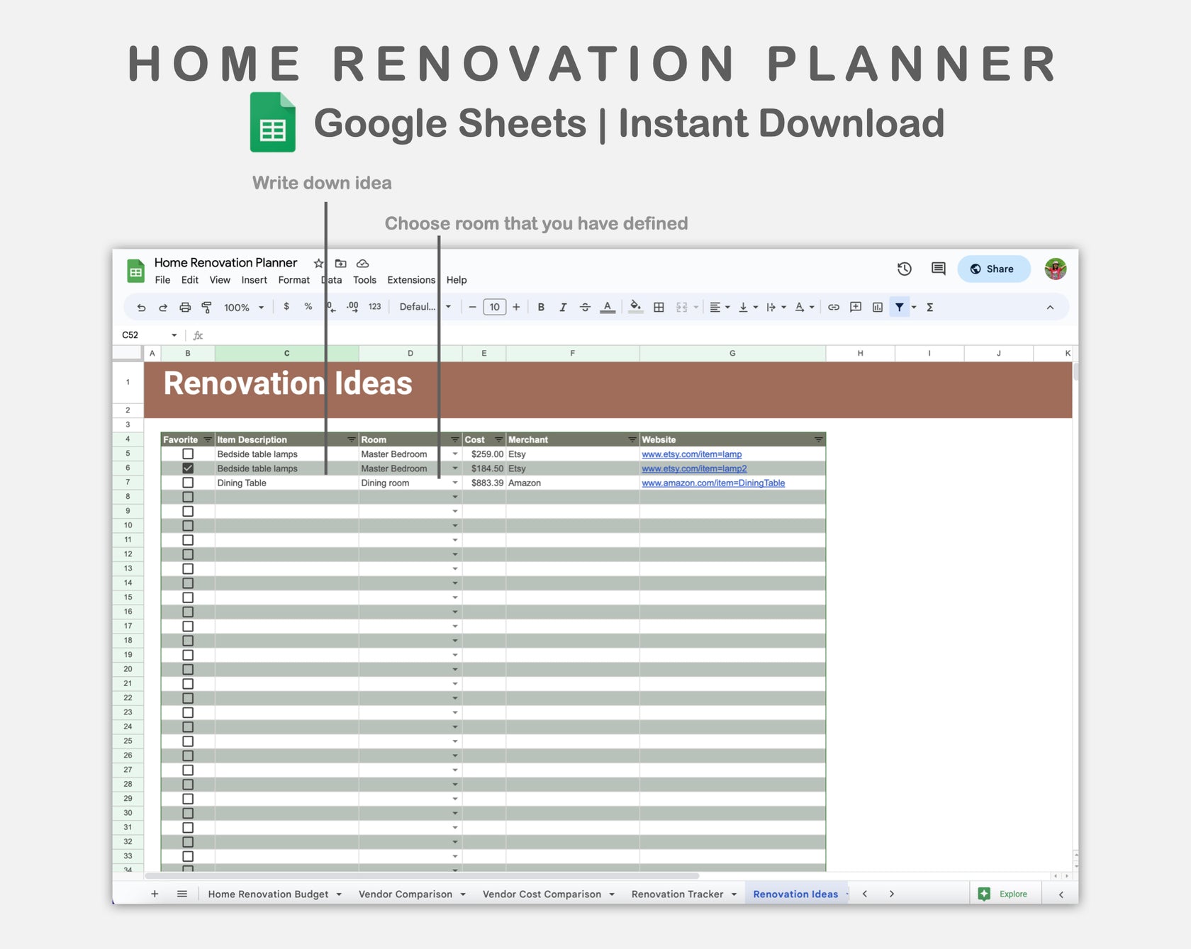 Google Sheets - Home Renovation Planner - Earthy – kjunstudio