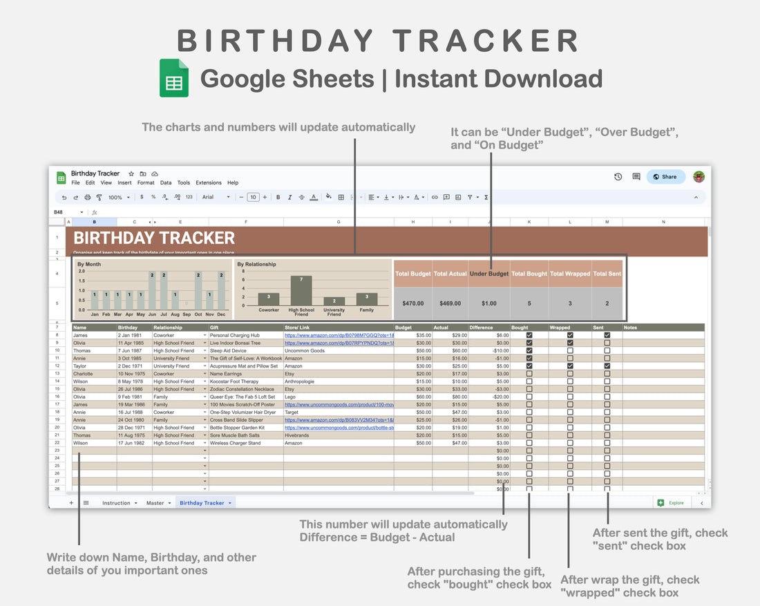 Google Sheets - Birthday Tracker - Earthy – kjunstudio