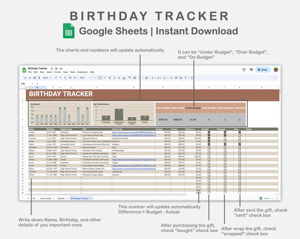 Google Sheets - Birthday Tracker - Earthy – kjunstudio