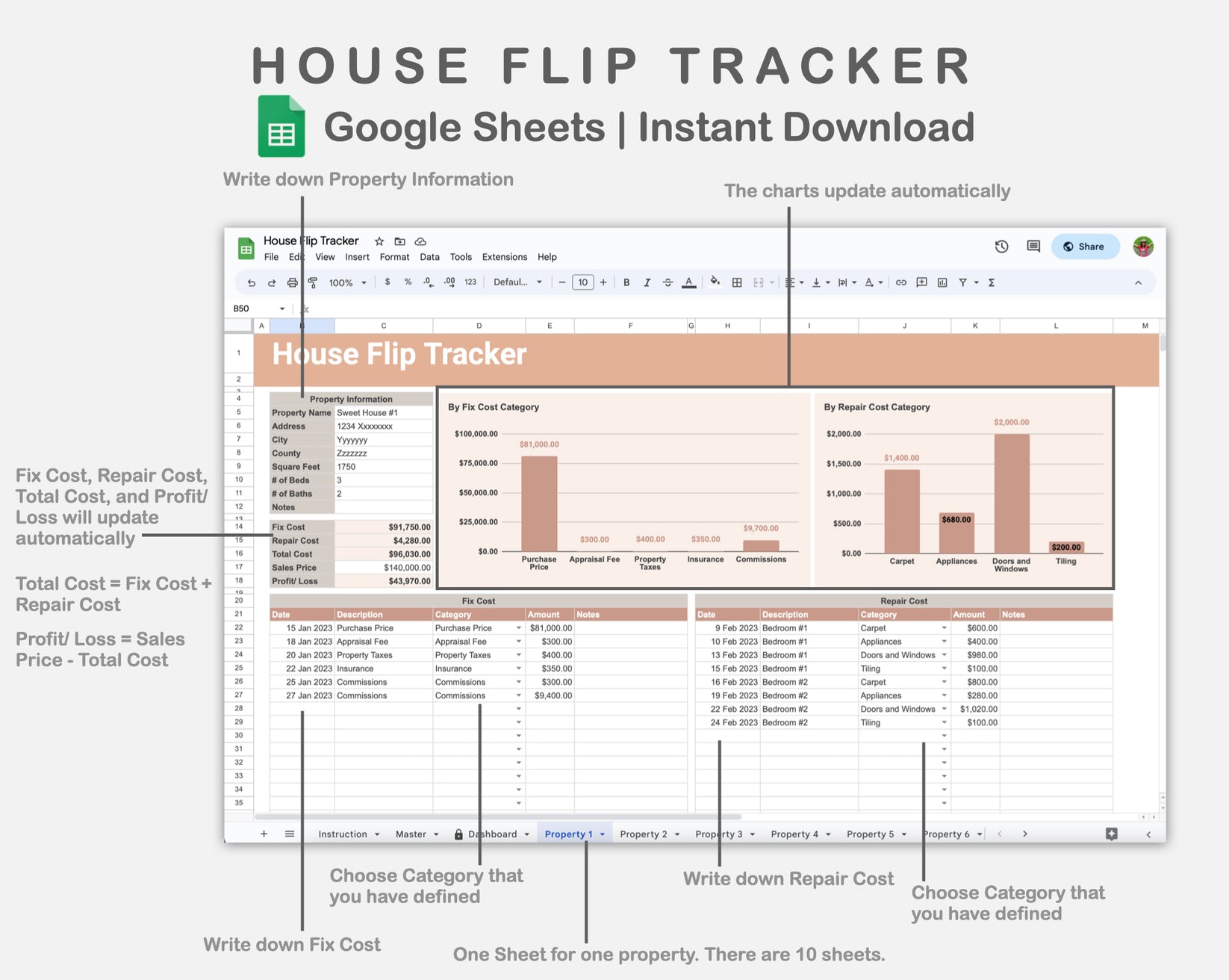 Google Sheets - House Flip Tracker - Neutral – kjunstudio