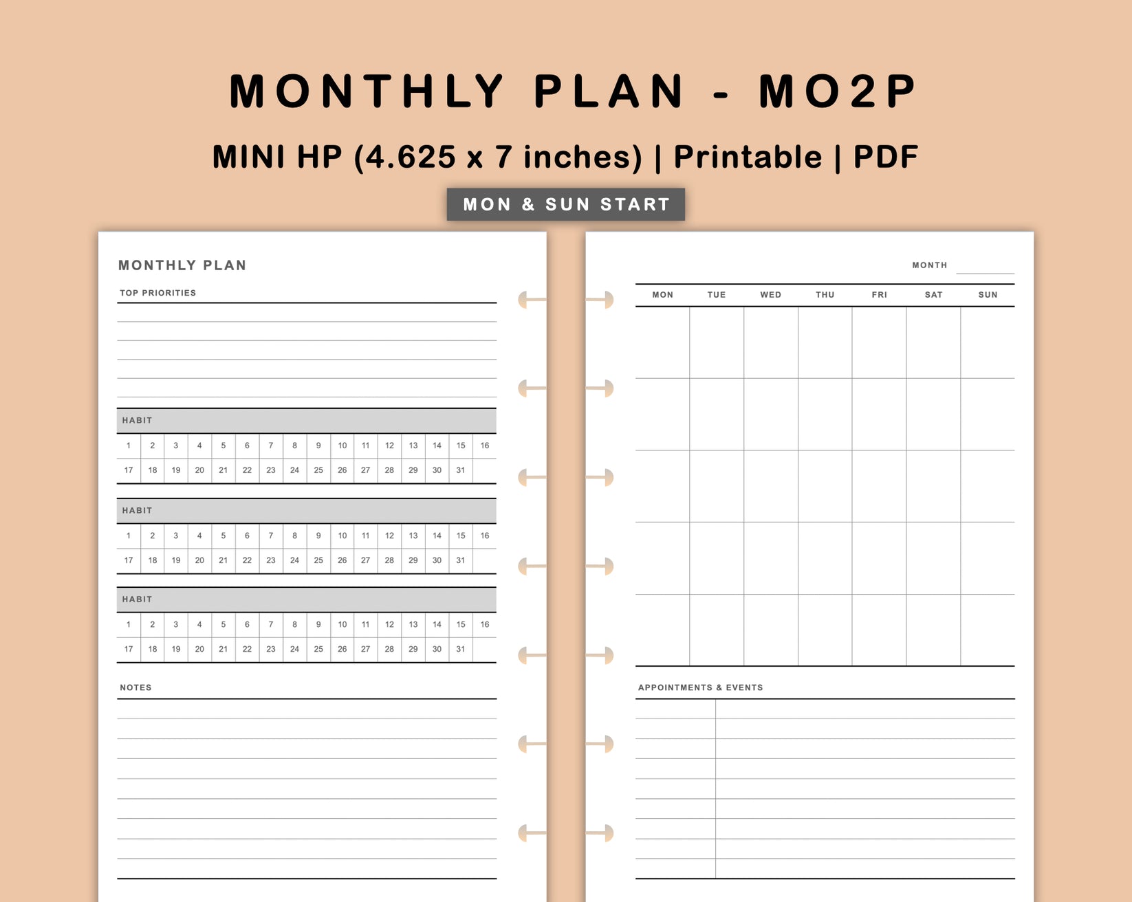 Mini Happy Planner Inserts - Monthly Plan - MO2P - with Habit Tracker – kjunstudio