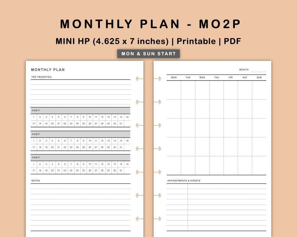 Mini Happy Planner Inserts - Monthly Plan - MO2P - with Habit Tracker – kjunstudio